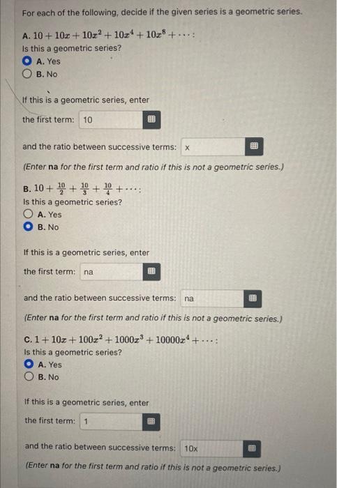 Solved For each of the following, decide if the given series | Chegg.com