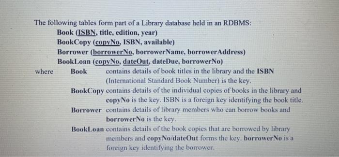 Solved The following tables form part of a Library database | Chegg.com
