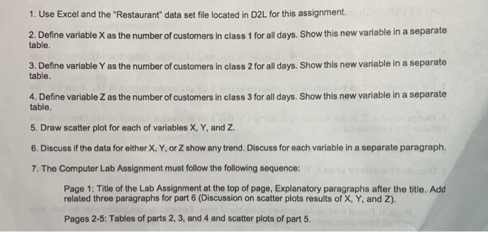 Solved 1. Use Excel and the "Restaurant" data set file | Chegg.com