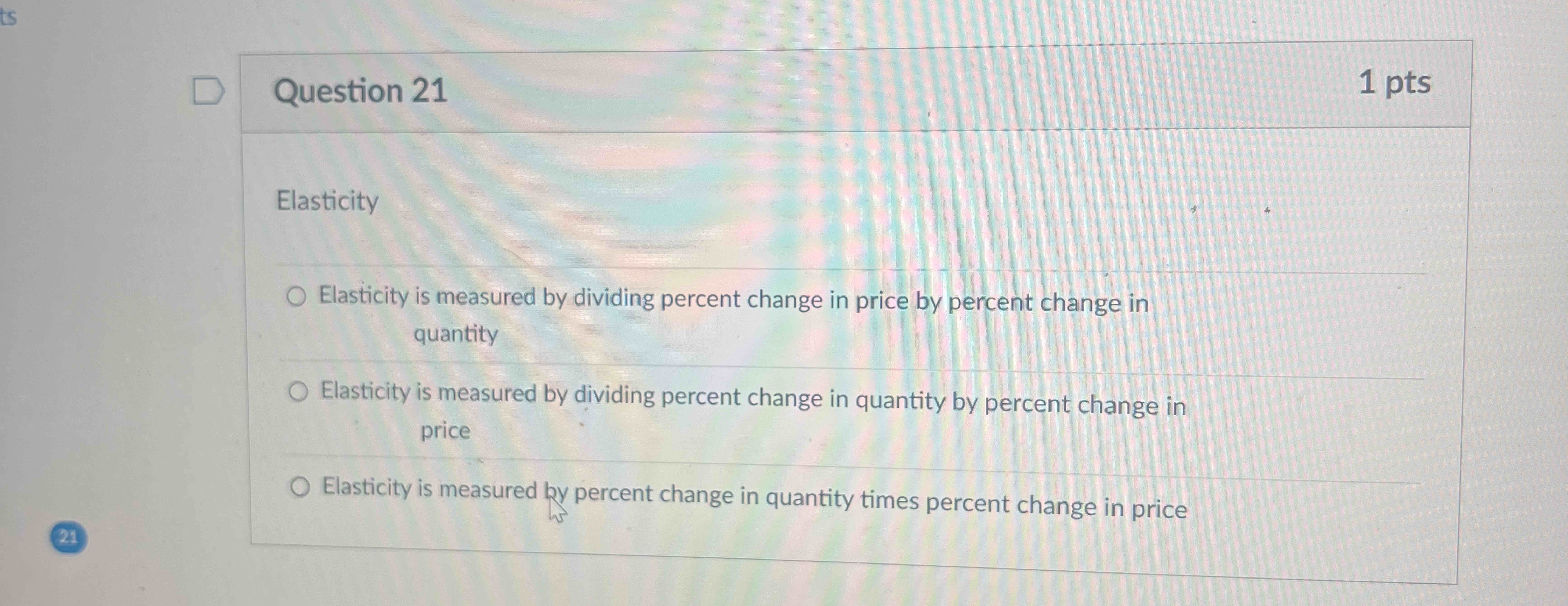 Solved Question 21ElasticityElasticity is measured by | Chegg.com