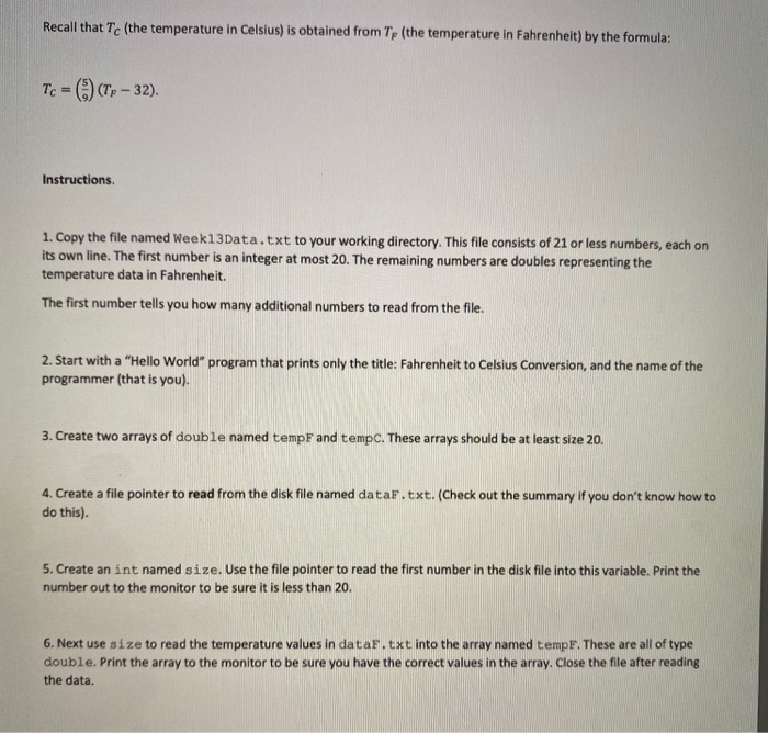 Solved Recall that Tc (the temperature in Celsius) is | Chegg.com