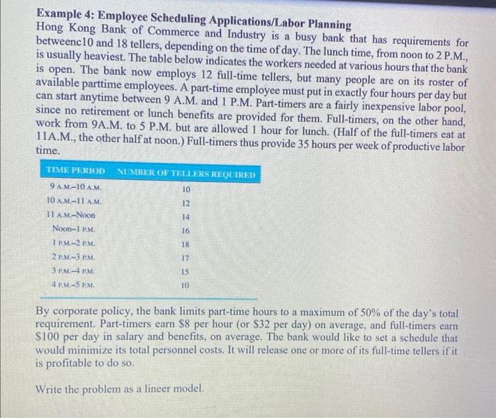 Solved Example 4: Employee Scheduling Applications/Labor | Chegg.com