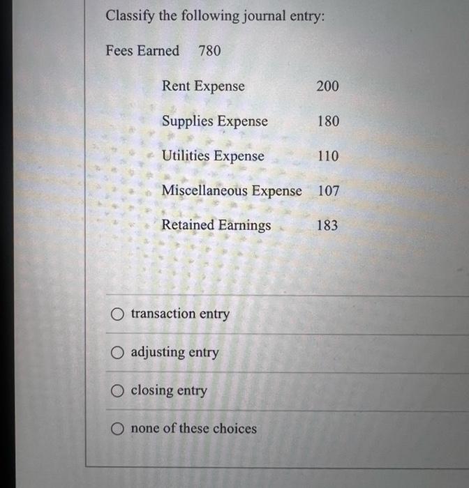 Solved Classify the following journal entry: Fees Earned 780 | Chegg.com