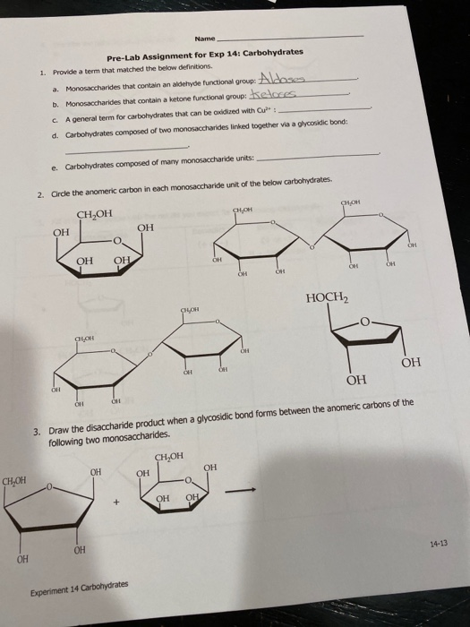 Solved Name Pre-Lab Assignment for Exp 14: Carbohydrates 1. | Chegg.com