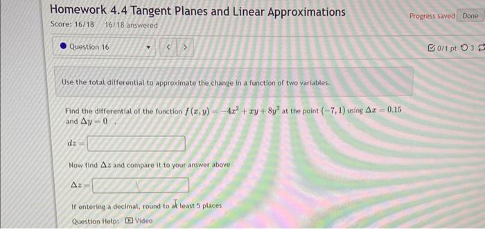 Solved Homework 4.4 Tangent Planes and Linear Approximations | Chegg.com
