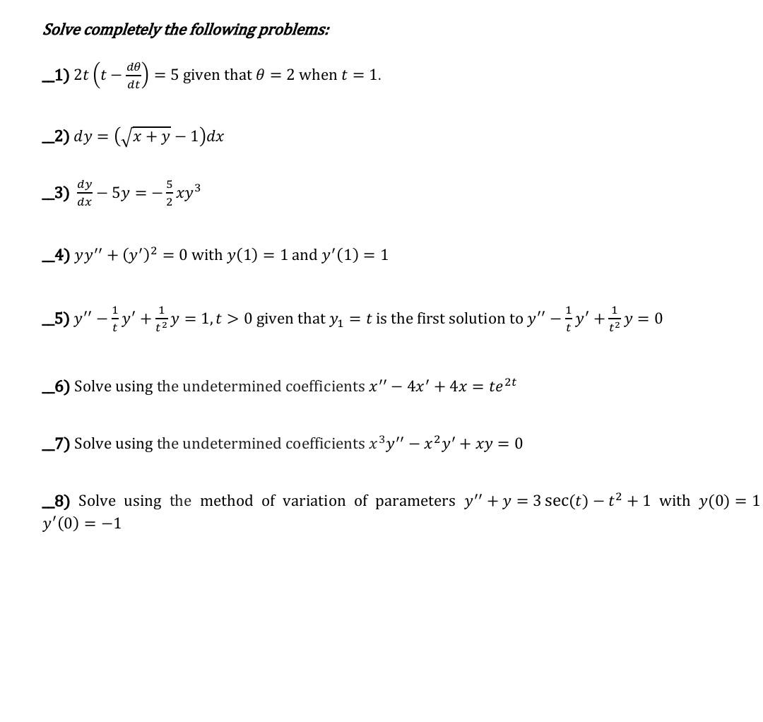 Solved Solve completely the following problems: -1) | Chegg.com