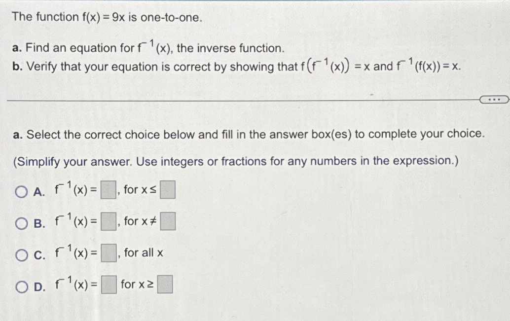 Solved The function f(x)=9x ﻿is one-to-one.a. ﻿Find an | Chegg.com