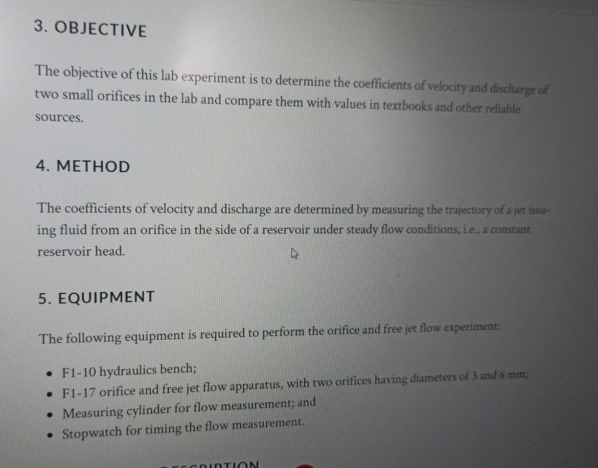 Solved EXPERIMENT #6: ORIFICE AND FREE JET FLOW 1. | Chegg.com