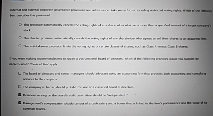 Solved Internal and external corporate governance provisions | Chegg.com