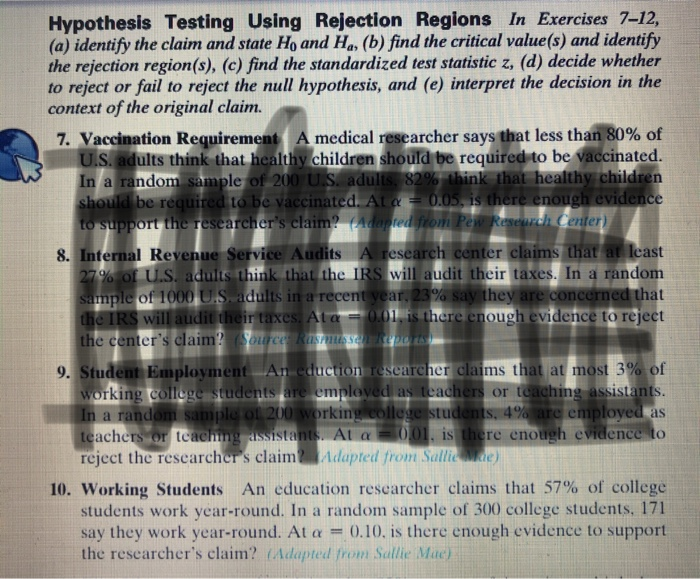 Solved Hypothesis Testing Using Rejection Regions In | Chegg.com