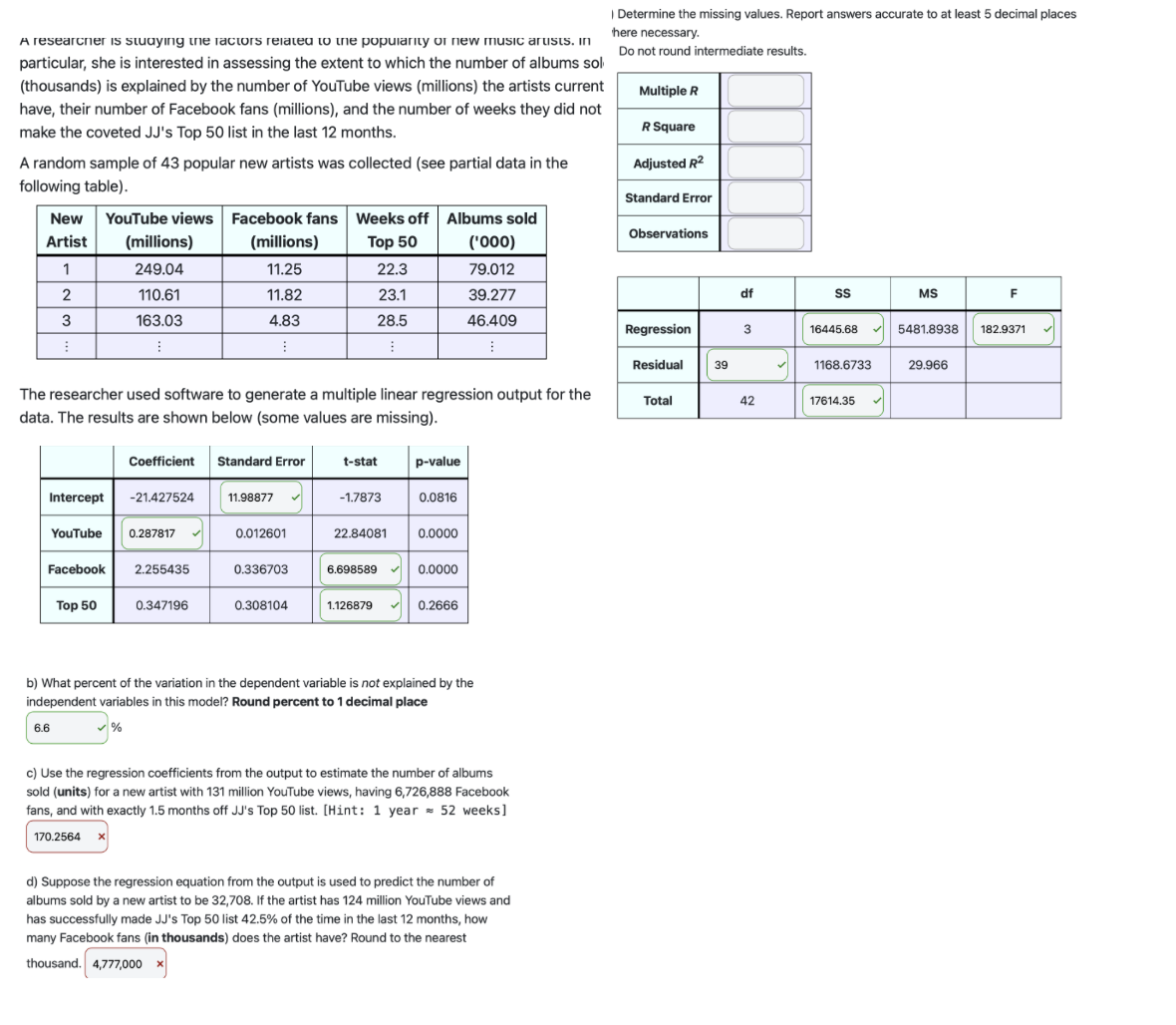 Solved I Determine the missing values. Report answers | Chegg.com
