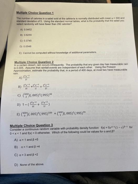 Solved Multiple Choice Question 1 The number of calories in | Chegg.com