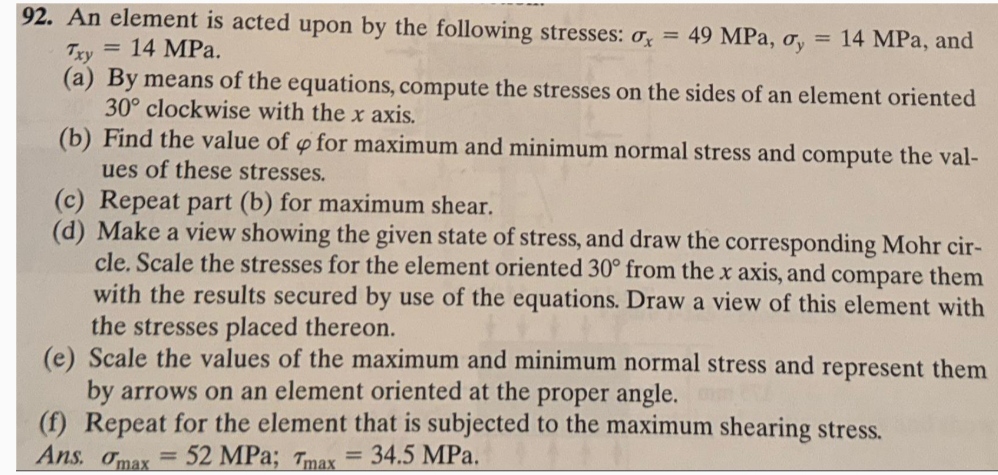 Solved An element is acted upon by the following stresses: | Chegg.com