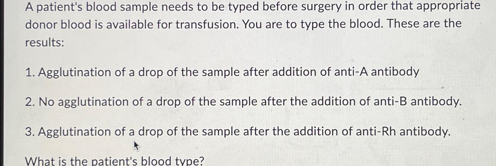 Solved A patient's blood sample needs to be typed before | Chegg.com