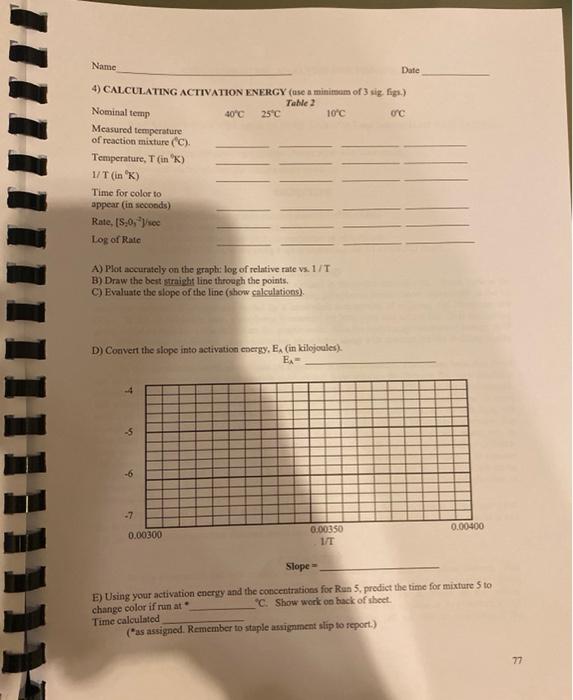 Name Date Kinetics Data Sheet PARTI Time for Color | Chegg.com
