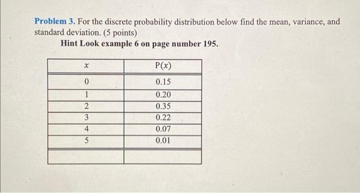 Solved Problem 3. For the discrete probability distribution | Chegg.com