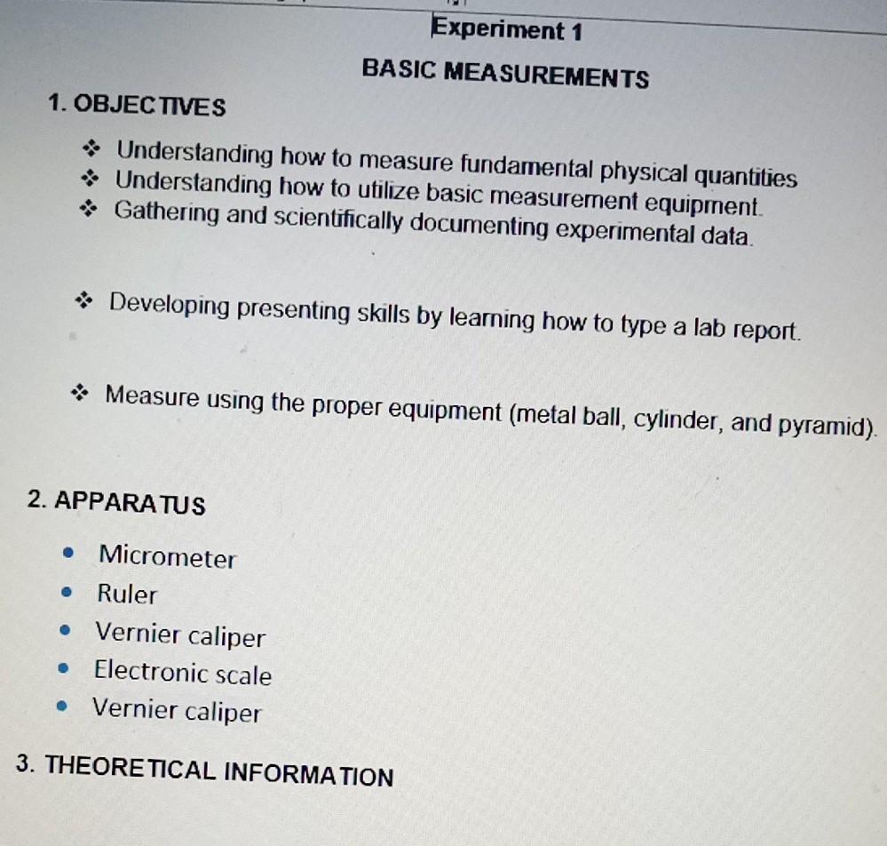 Solved BASIC MEASUREMENTS 1. OBJECTIVES * Understanding how | Chegg.com