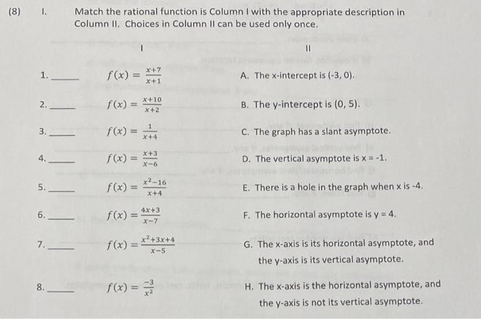 Solved Match the rational function is Column I with the | Chegg.com