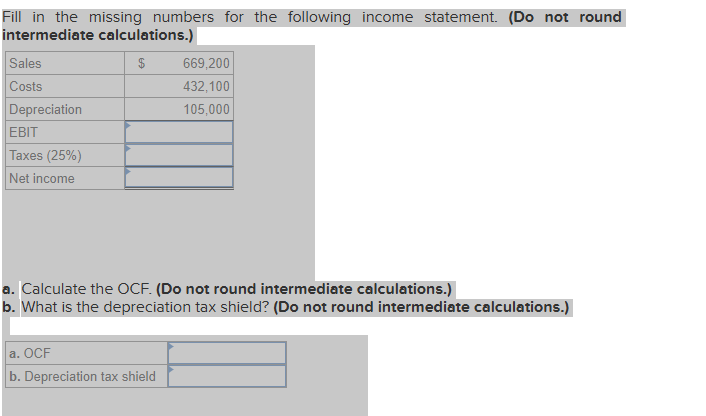 Solved Fill in the missing numbers for the following income | Chegg.com