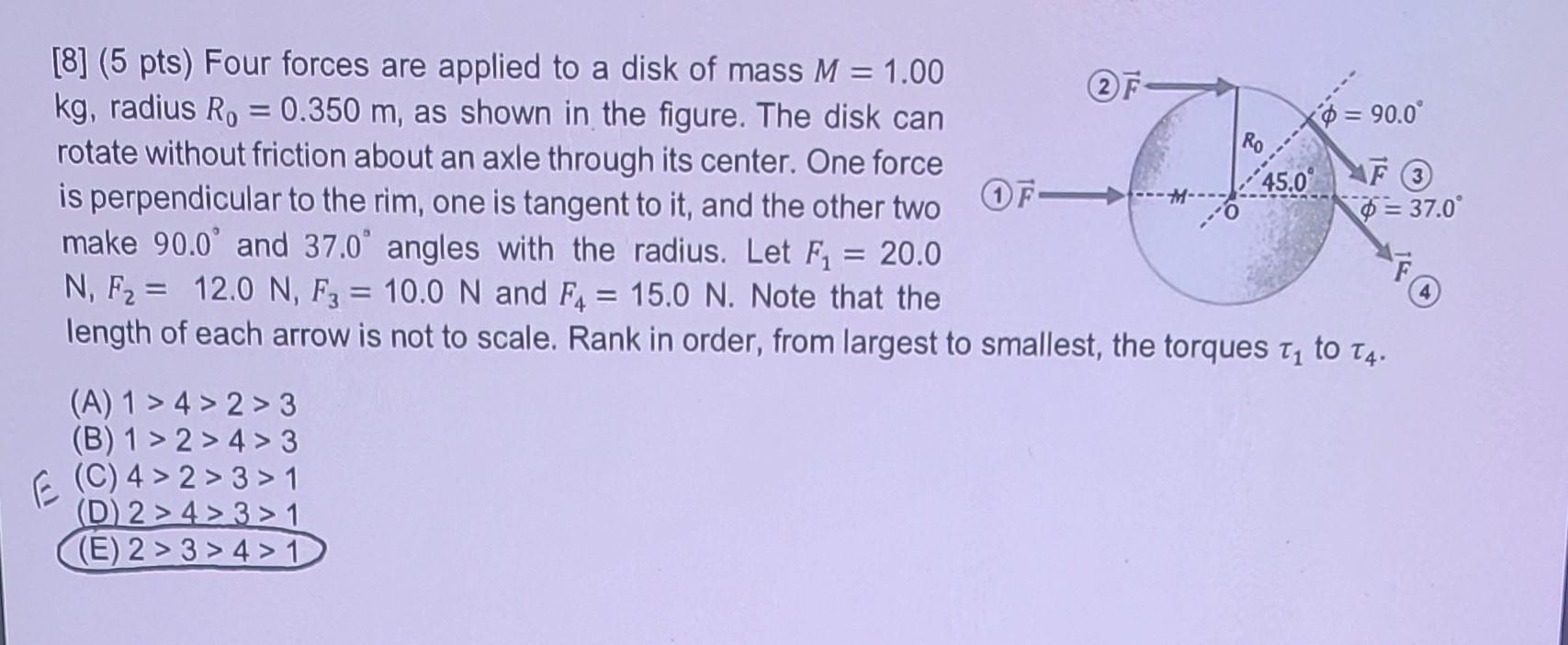 Solved [8] (5 pts) Four forces are applied to a disk of mass | Chegg.com