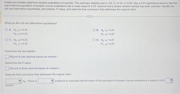 Solved A data set includes data from student evaluations of | Chegg.com