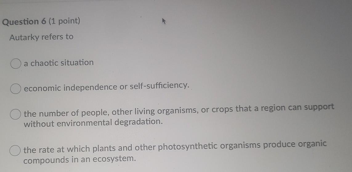 Solved Question 6 (1 point) Autarky refers to a chaotic | Chegg.com