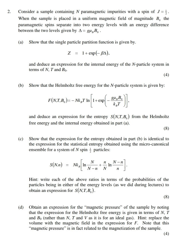 Solved 2. Consider a sample containing N paramagnetic | Chegg.com