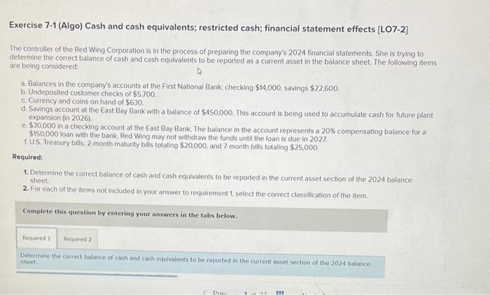 Solved Exercise 7-1 (Algo) Cash and cash equivalents; | Chegg.com