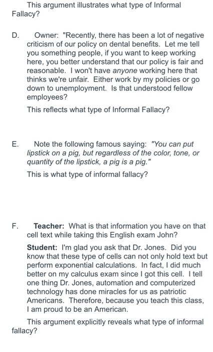 Solved This argument illustrates what type of Informal | Chegg.com