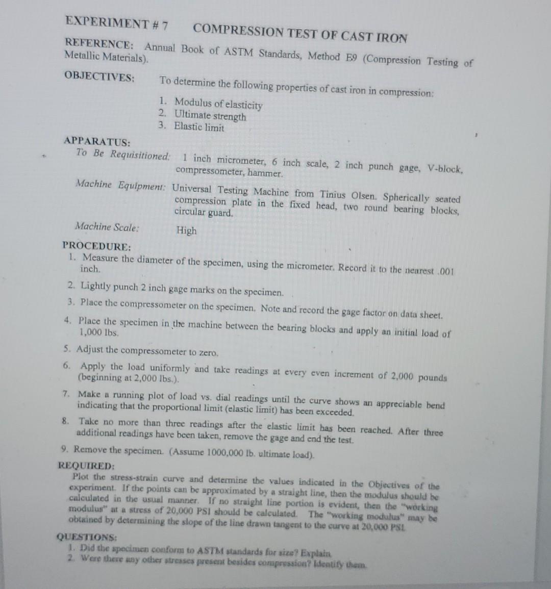 Solved EXPERIMENT \# 2 COMPRESSION TESTING OF STEEL | Chegg.com