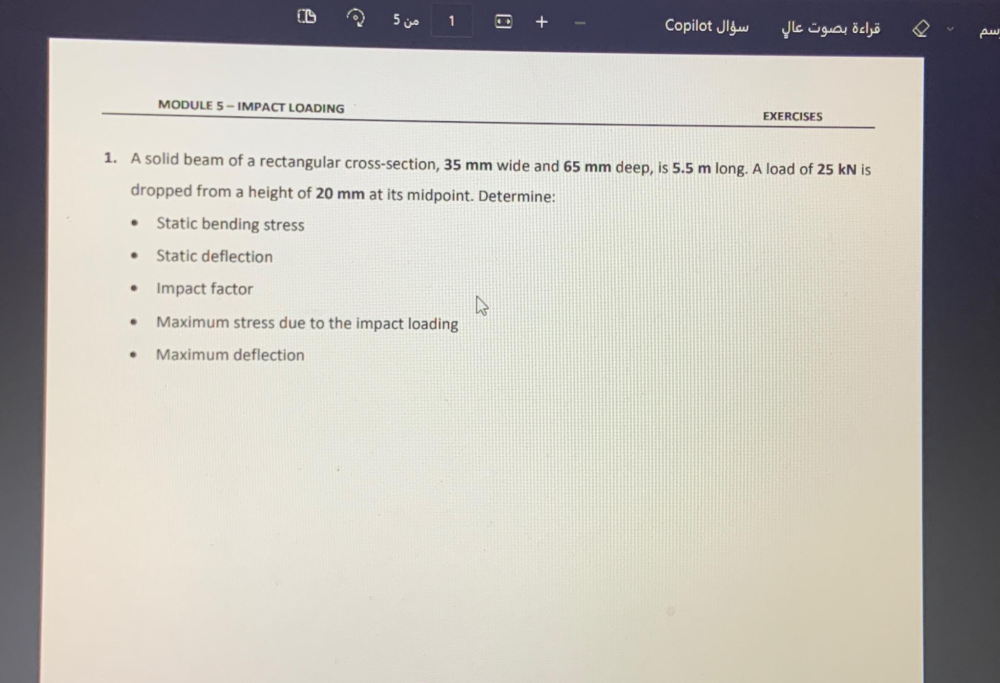 Solved MODULE 5 - ﻿IMPACT LOADINGEXERCISESA solid beam of a | Chegg.com