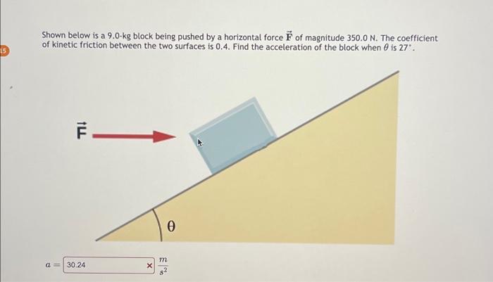 Solved 15 Shown below is a 9.0-kg block being pushed by a | Chegg.com