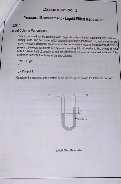 Solved EXPERIMENT No. 1 Pressure Measurement - Liquid Filled | Chegg.com