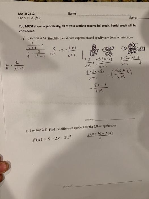 Solved MATH 2412 Name Lab 1 Due 9/15 Score: You MUST show, | Chegg.com