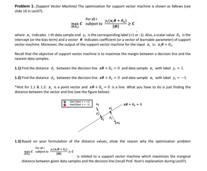 Problem 1. (Support Vector Machine) The optimization | Chegg.com