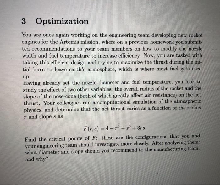 Solved 3 Optimization You are once again working on the | Chegg.com