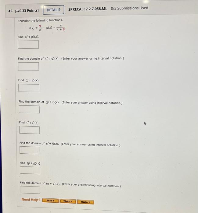 Solved Consider The Following Functions F X X9 G X X 9x
