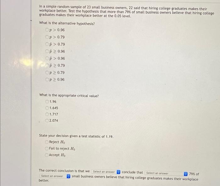 Solved In a simple random sample of 23 small business | Chegg.com