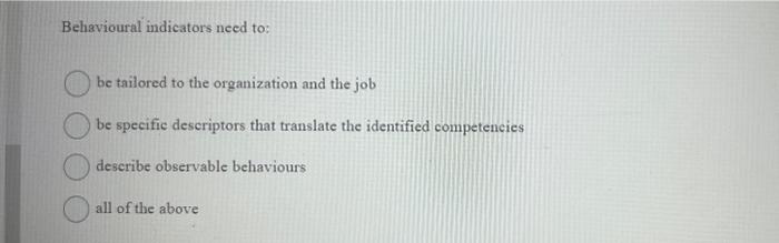 Solved Behavioural indicators need to: be tailored to the | Chegg.com