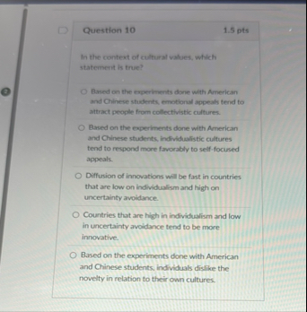 Solved Question 101.5 ﻿ptsIn the context of cultural values, | Chegg.com