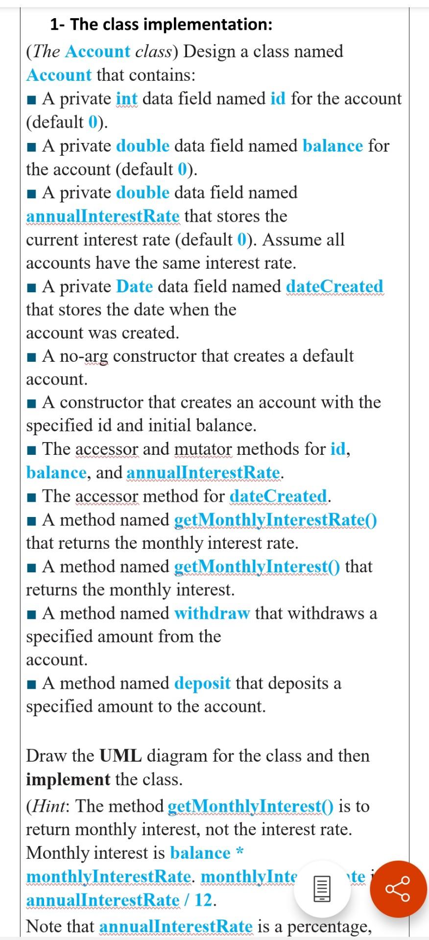 Solved 1- The class implementation: (The Account class) | Chegg.com