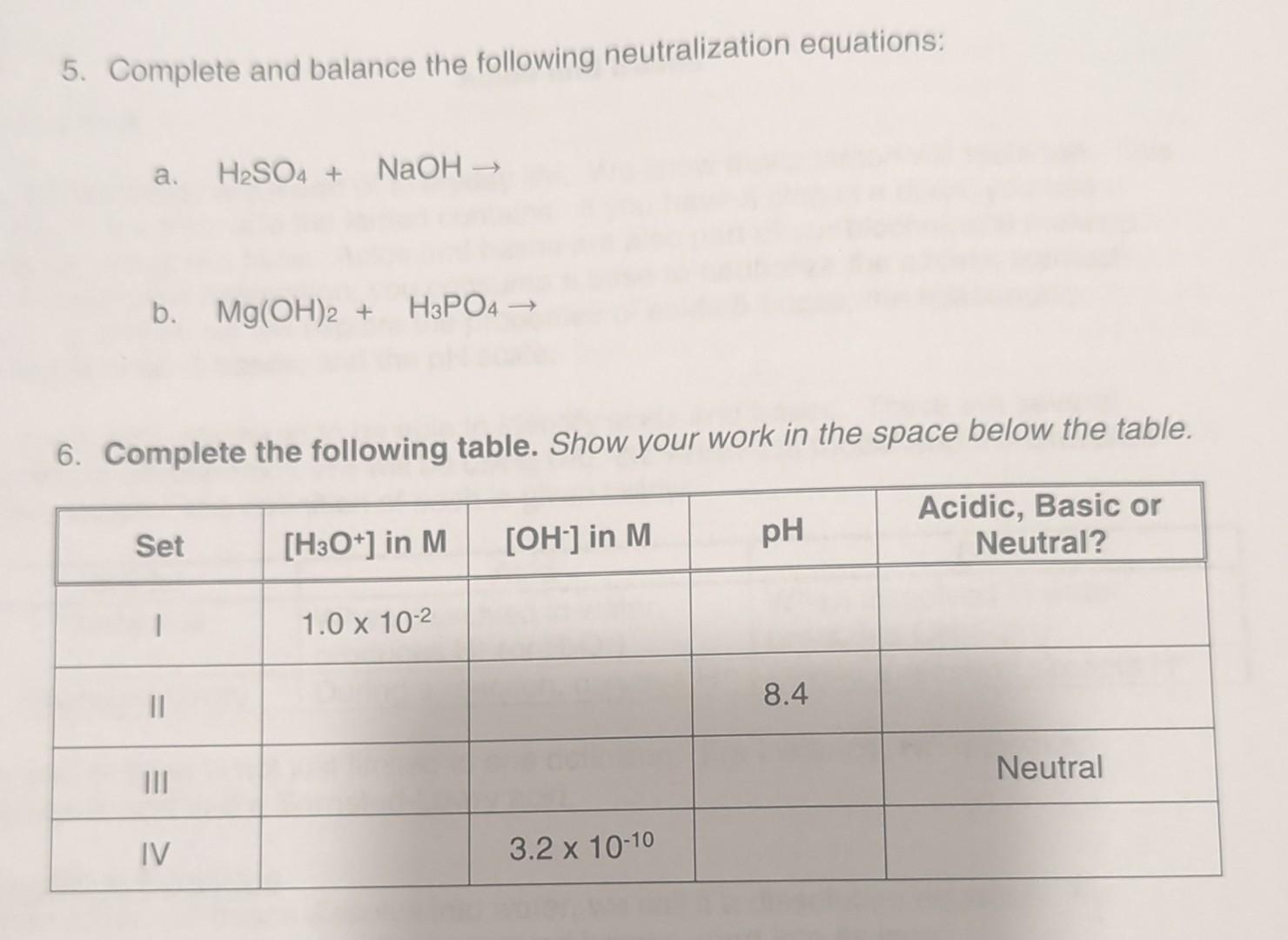 Solved 5. Complete and balance the following neutralization | Chegg.com