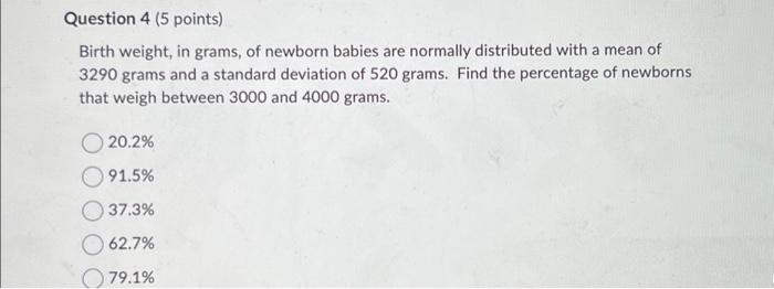 Solved Question 4 (5 points) Birth weight, in grams, of | Chegg.com