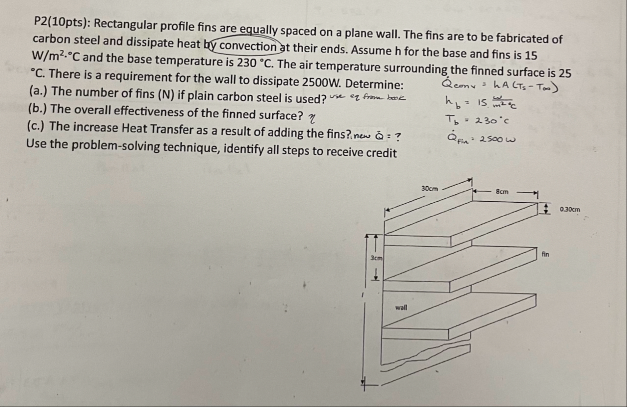 Solved P2(10pts): Rectangular profile fins are equally | Chegg.com