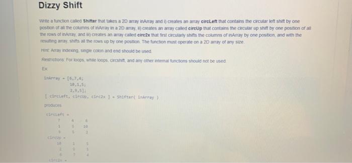 Solved Dizzy Shift Wine a function called Shifter that takes | Chegg.com