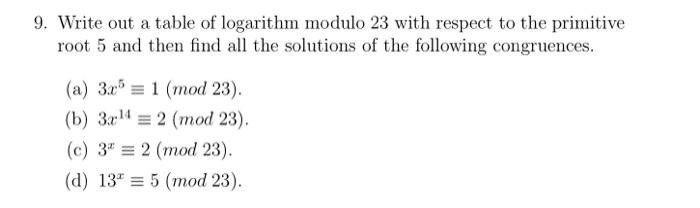 Solved 9. Write out a table of logarithm modulo 23 with | Chegg.com