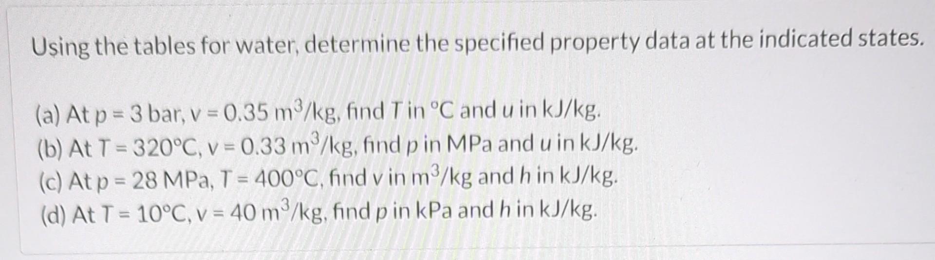 Solved Using the tables for water, determine the specified | Chegg.com