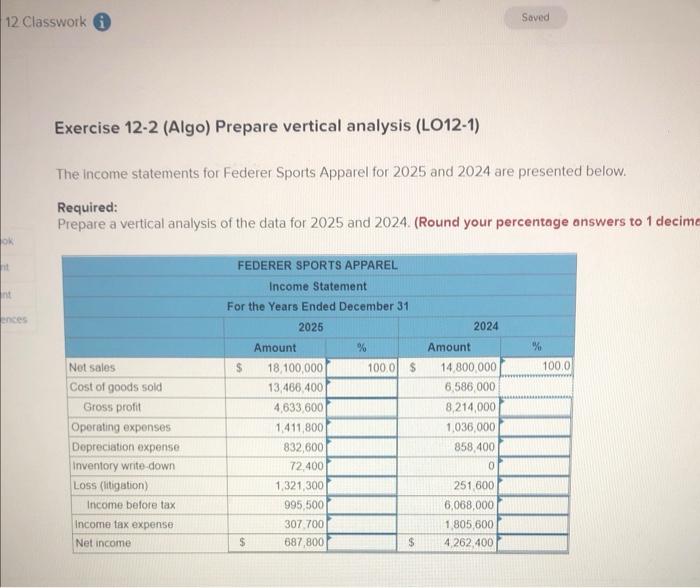 Solved Exercise 12-2 (Algo) Prepare vertical analysis | Chegg.com