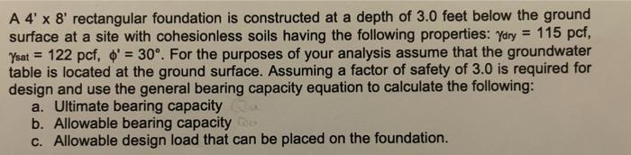 Solved A 4' ×8′ rectangular foundation is constructed at a | Chegg.com
