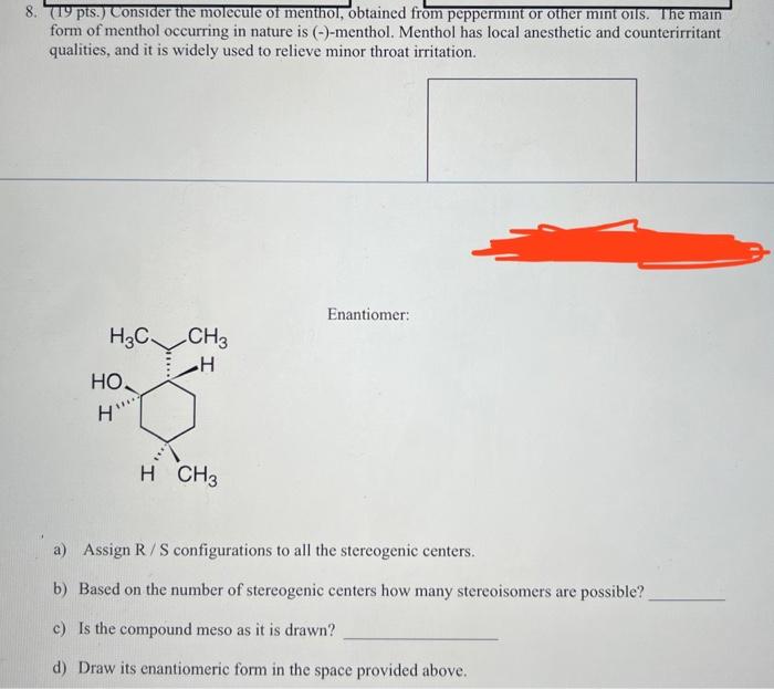 Solved 8. (19 pts.) Consider the molecule of menthol, | Chegg.com